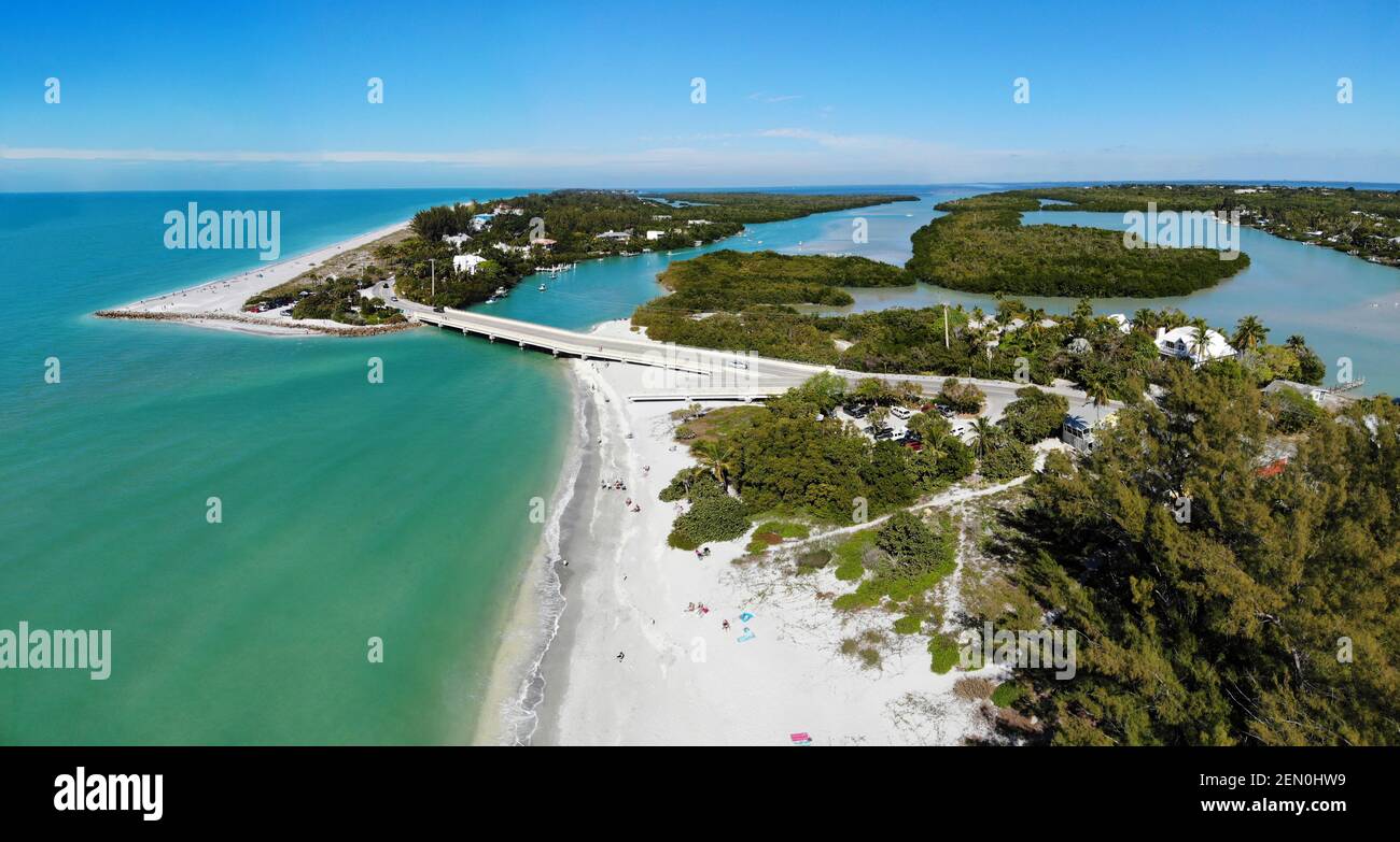Aerial view of the road bridge between Captiva Island and Sanibel ...