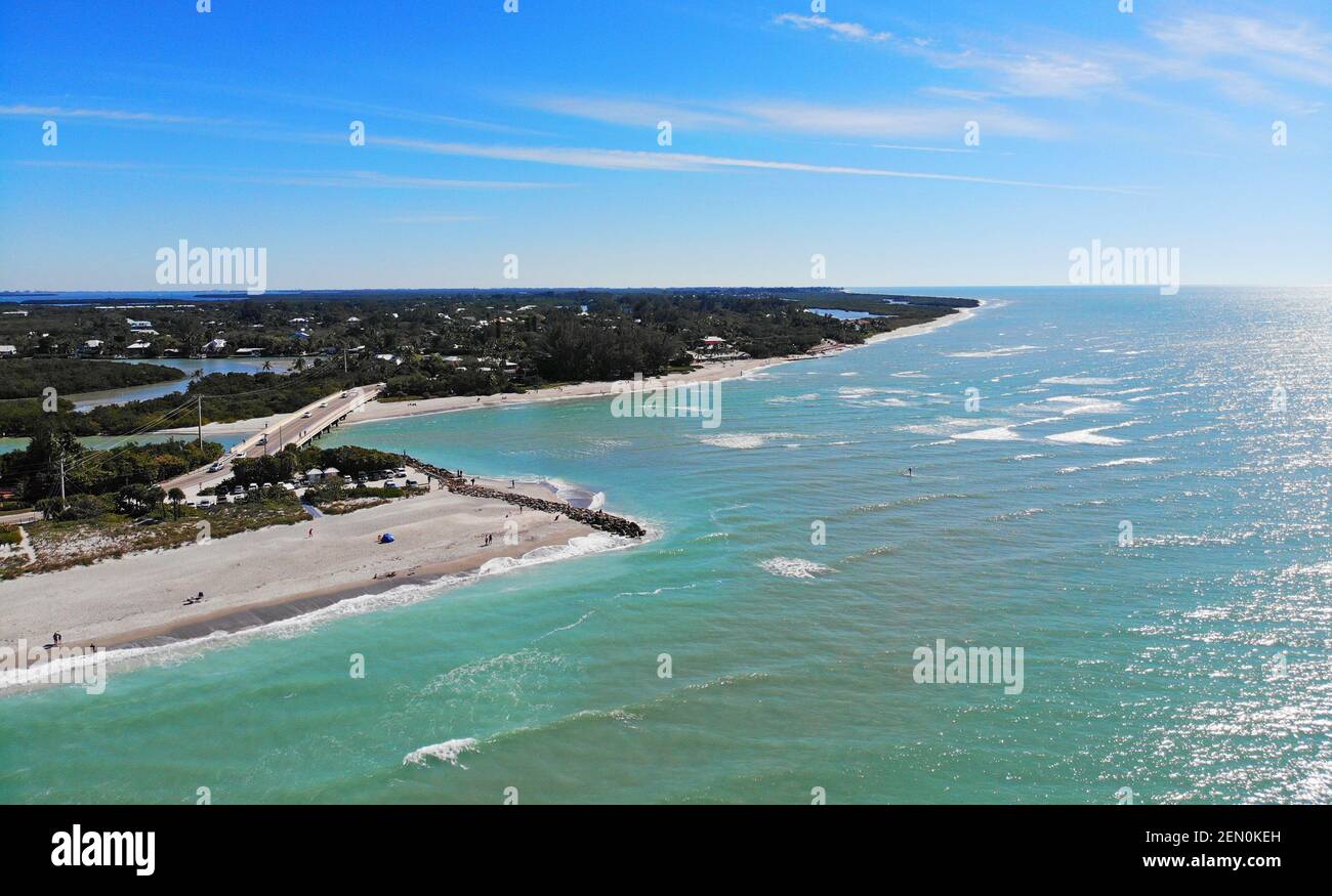 Aerial view of the road bridge between Captiva Island and Sanibel ...