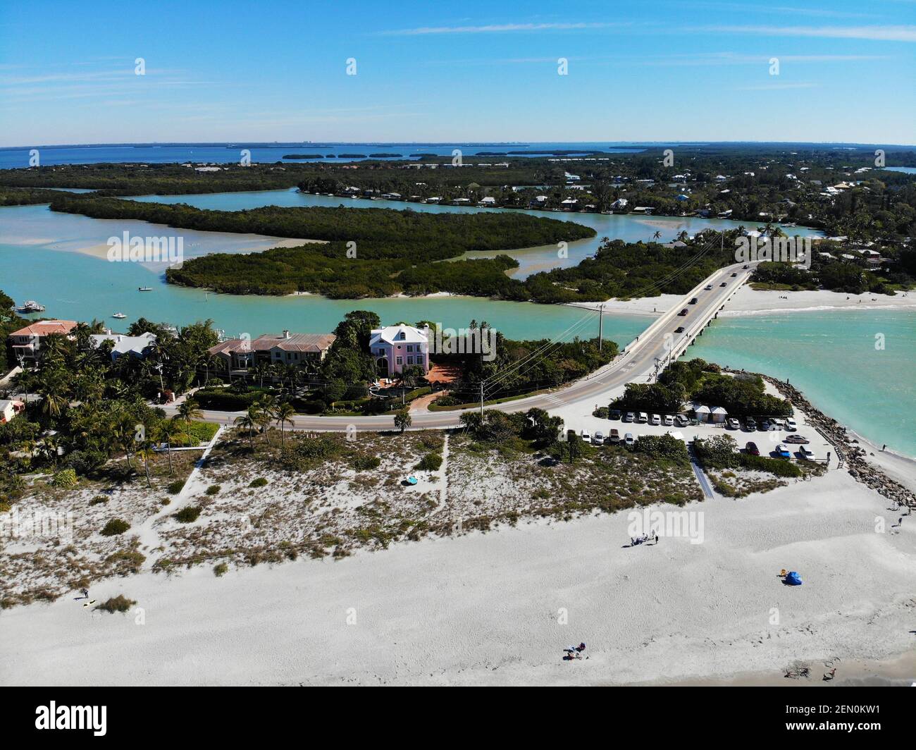 Aerial view of the road bridge between Captiva Island and Sanibel ...