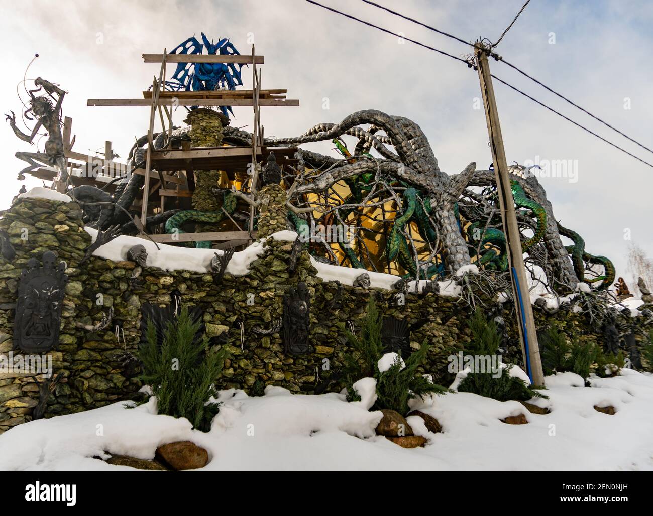 House with skulls, house with devils in the village of Ratomka, a ...