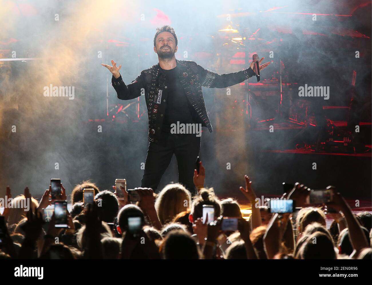 MOSCOW, RUSSIA - MAY 14, 2019: Turkish singer Tarkan performs during a ...