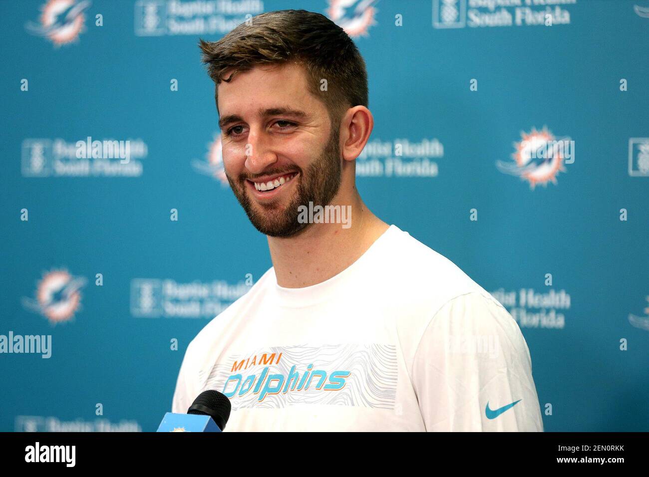 Miami Dolphins quarterback Josh Rosen talks to the media after being ...