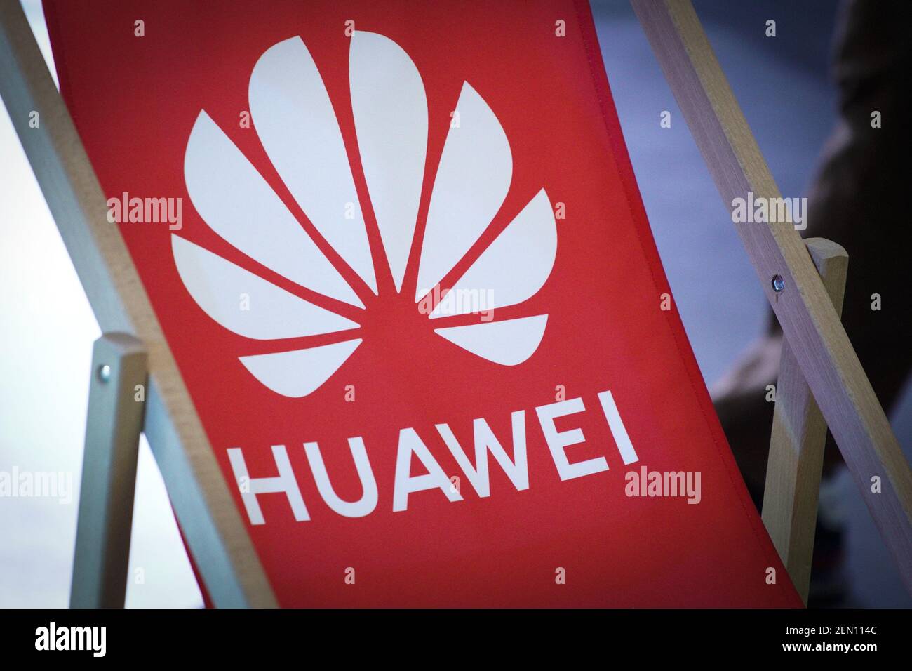 A beach chair with a Huawei logo is seen at the PTAK Expo in Warsaw ...