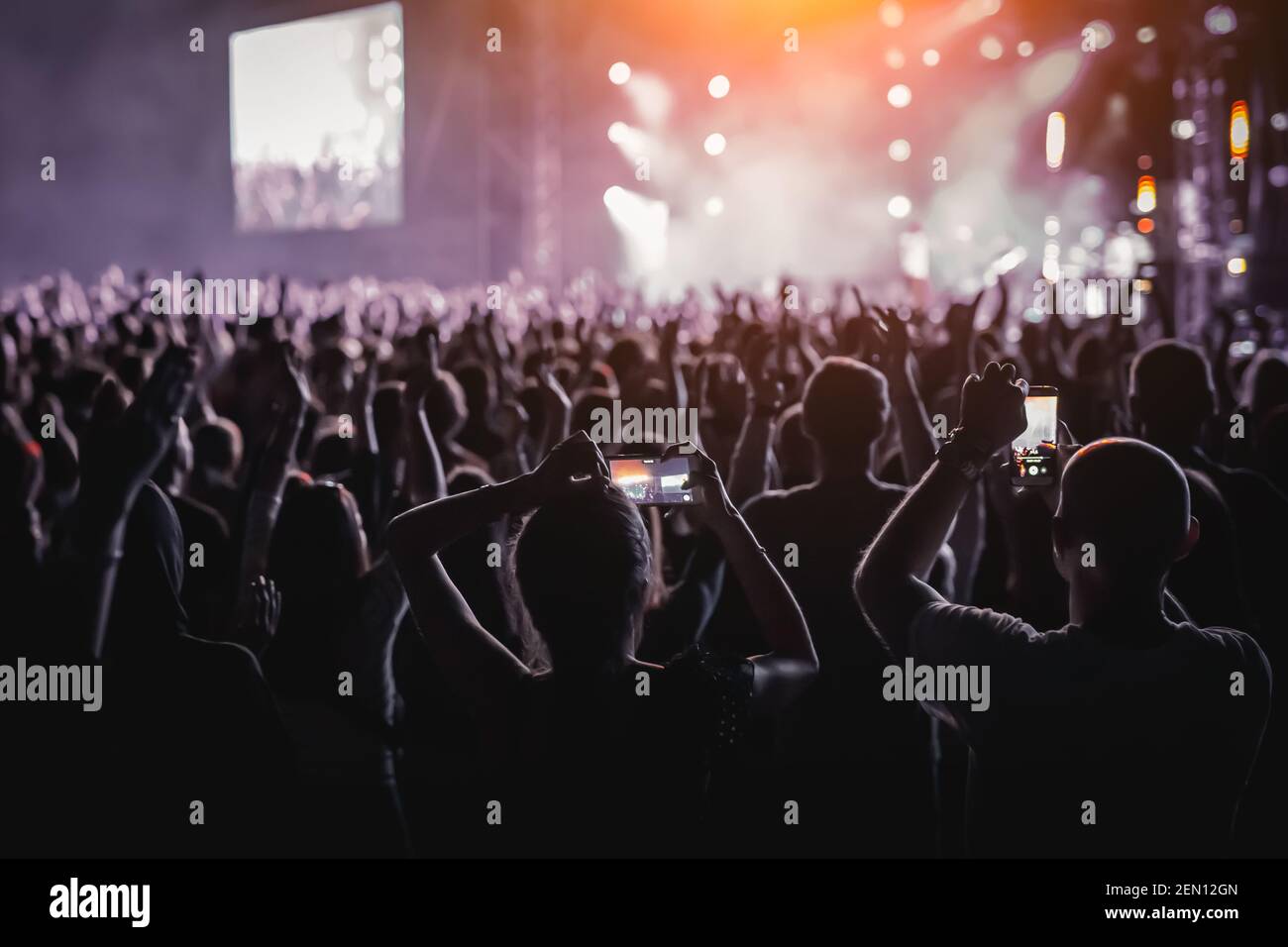 People with raised hands, silhouettes of concert crowd in front of ...