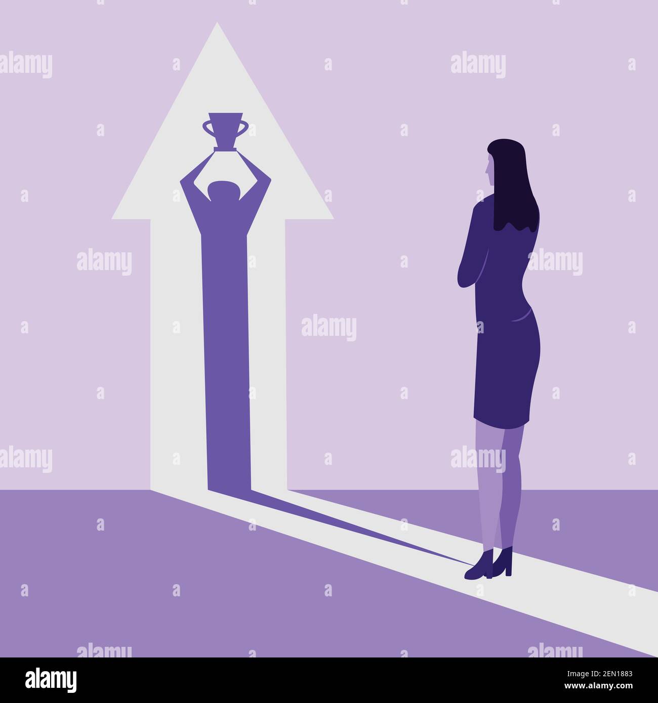 Woman with a shadow of winner holding the champion cup flat vector ...