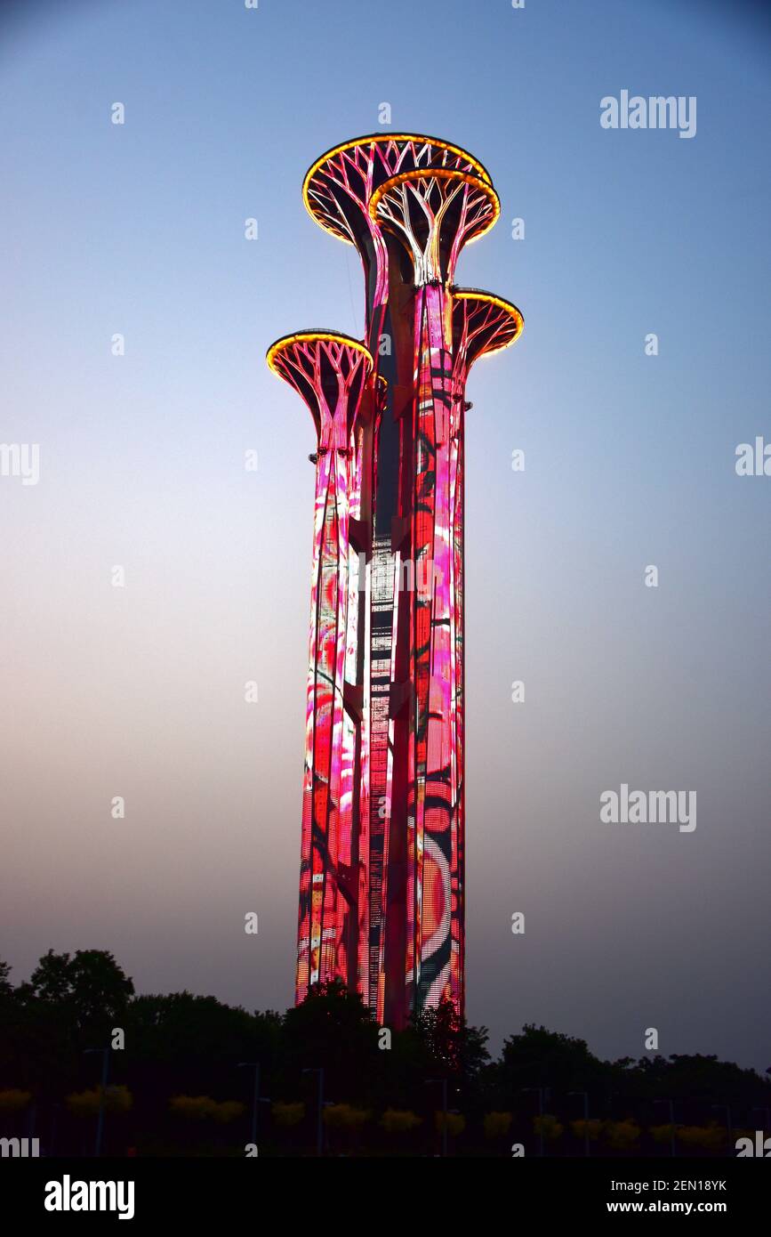 The watchtower at Olympic Forest Park is illuminated by colorful lights ...