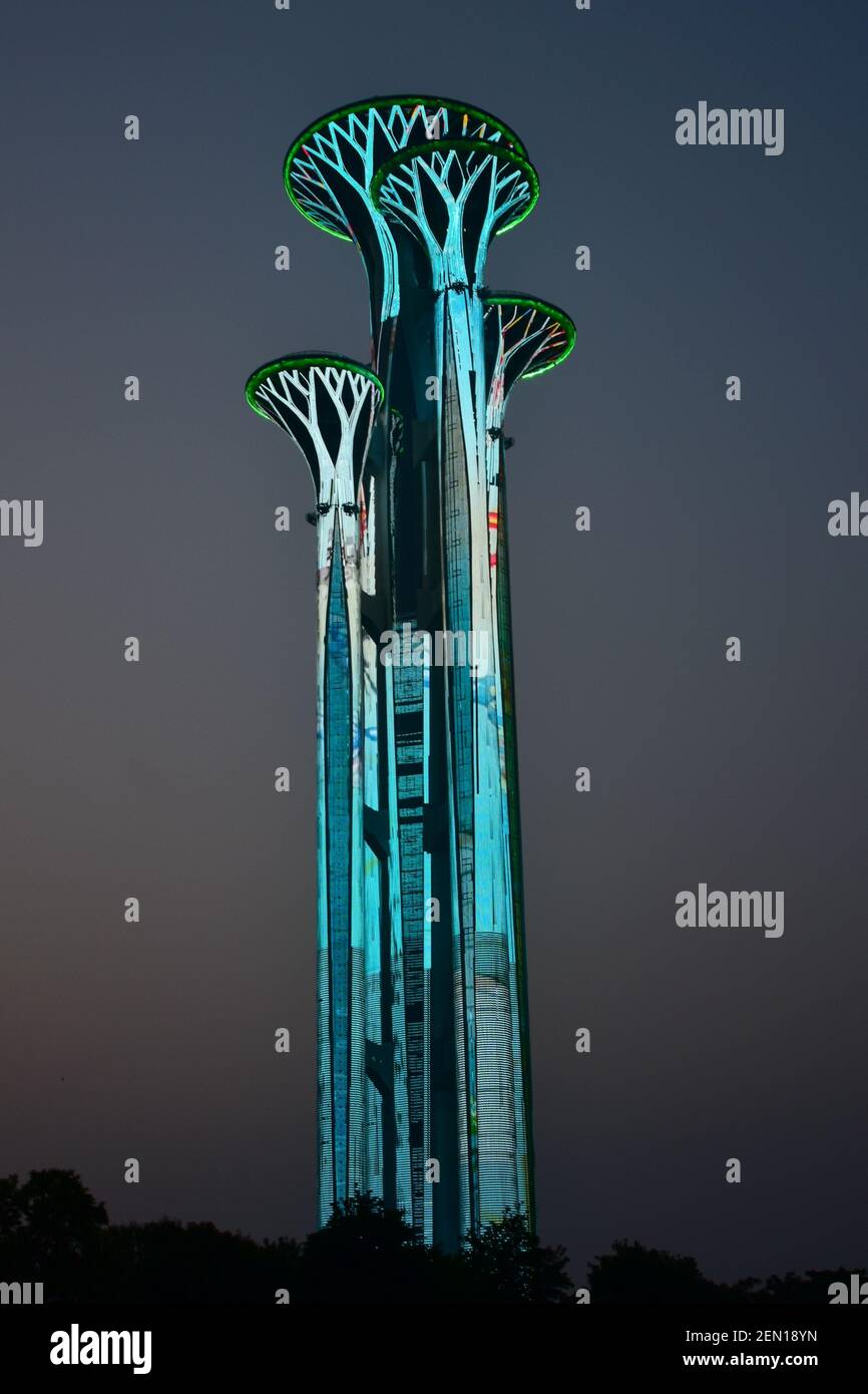 The watchtower at Olympic Forest Park is illuminated by colorful lights ...