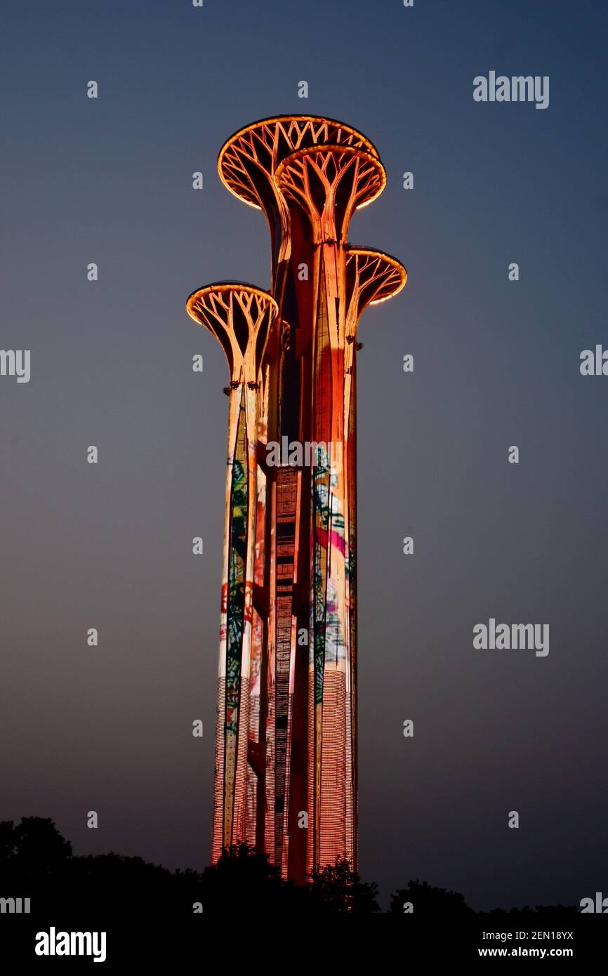 The watchtower at Olympic Forest Park is illuminated by colorful lights ...