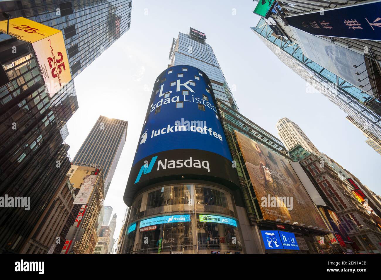 The giant video screen on the Nasdaq stock exchange in Times Square in ...