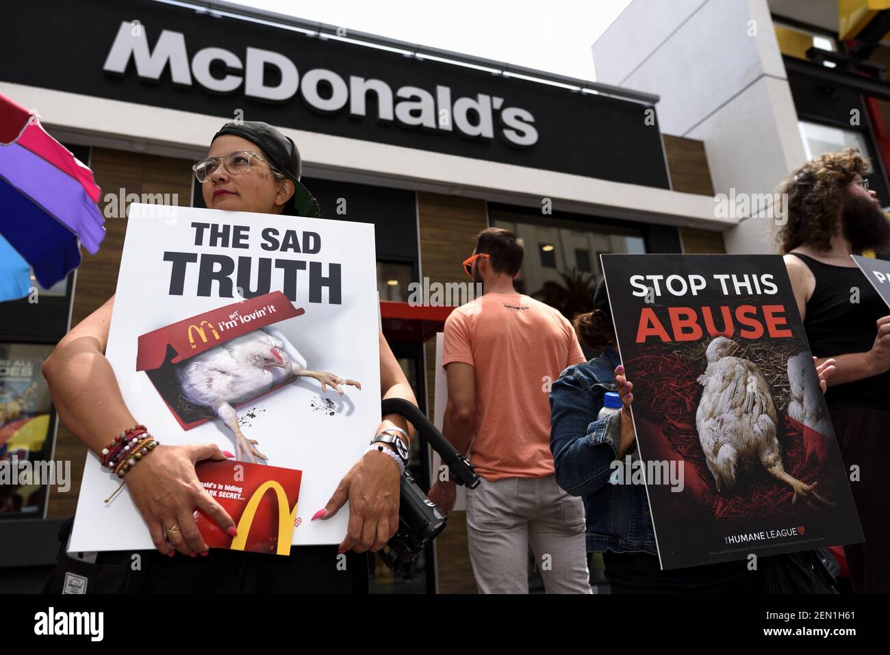 Animal rights activists seen holding placards during a protest of what ...