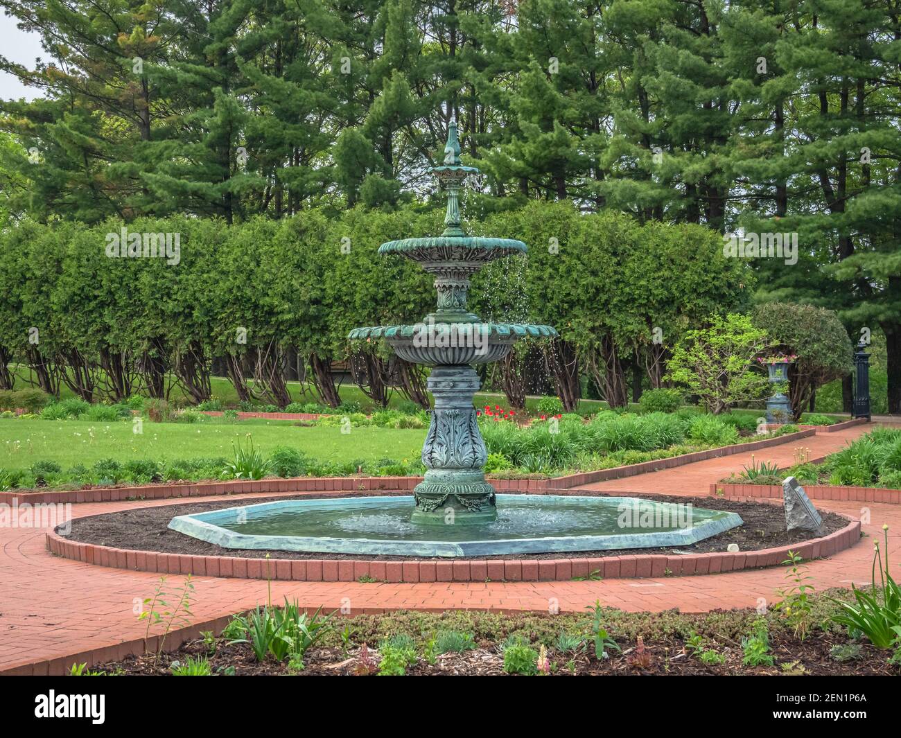 A classic Victorian garden fountain in a courtyard backed by pine trees ...