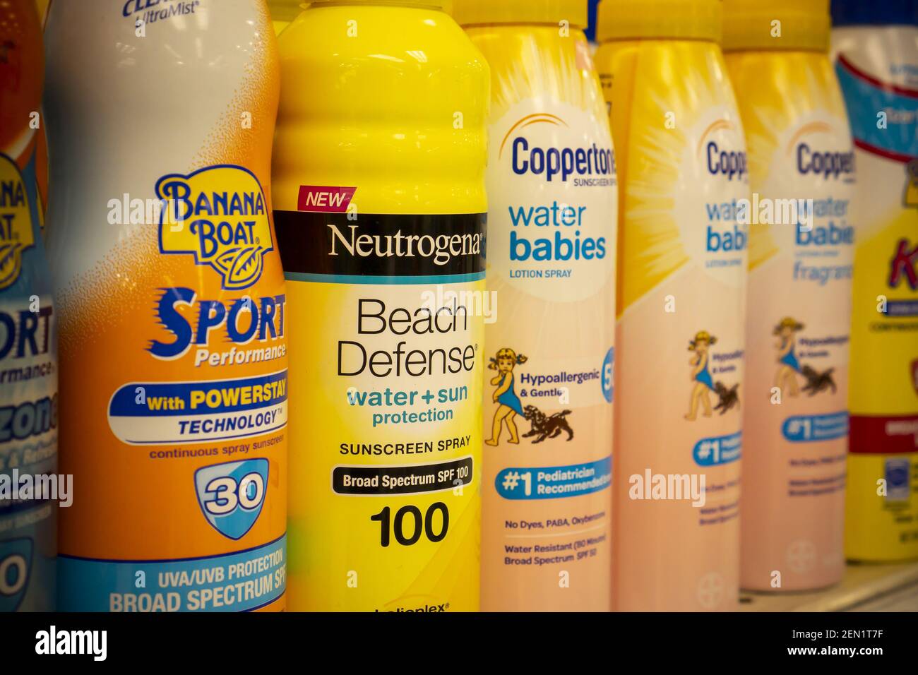 Bottles of sunscreen are seen on a department store shelf in New York ...