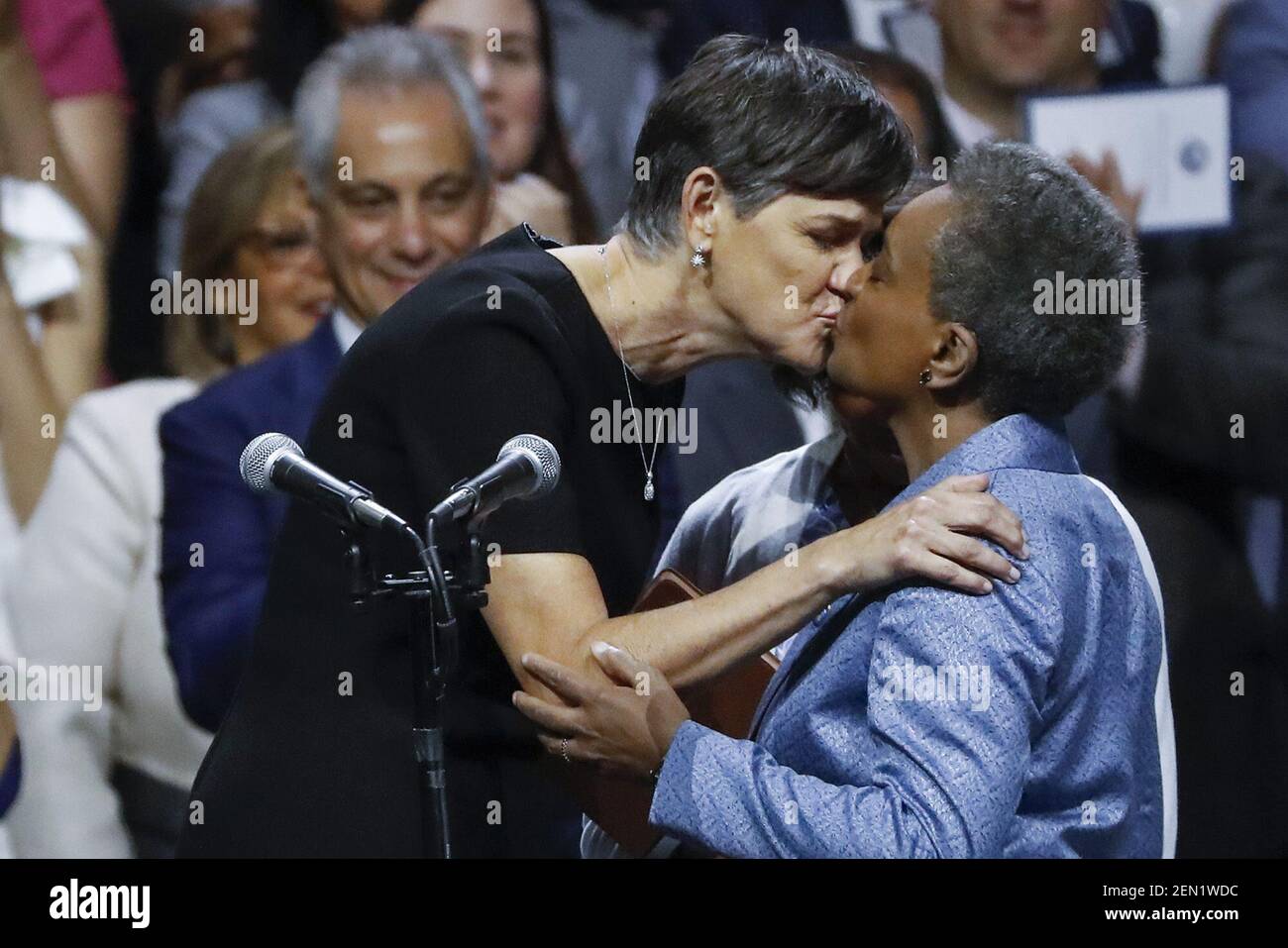 Lori Lightfoot Right Is Kissed By Wife Amy Eshleman After Lightfoot
