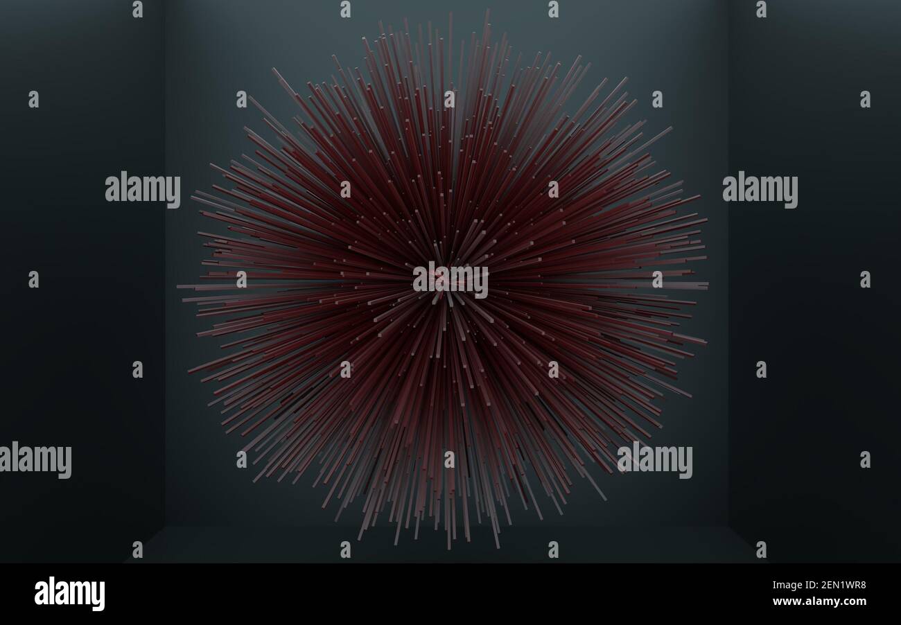 3d rendering of a red (wine red) abstract spiked sphere with a glowing ...