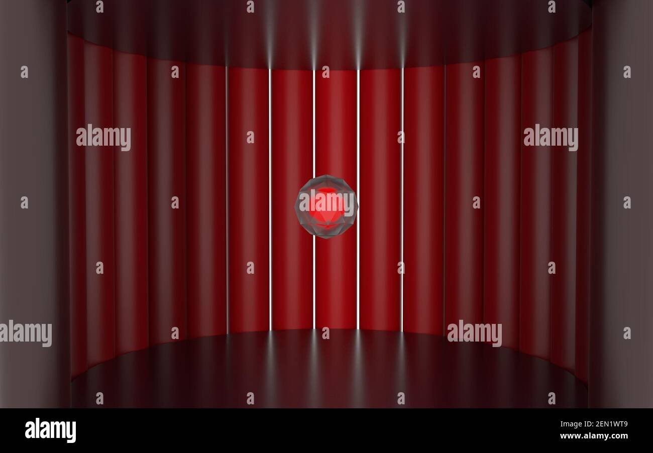 3d rendering of a floating, round glass cristal with a red glowing ...