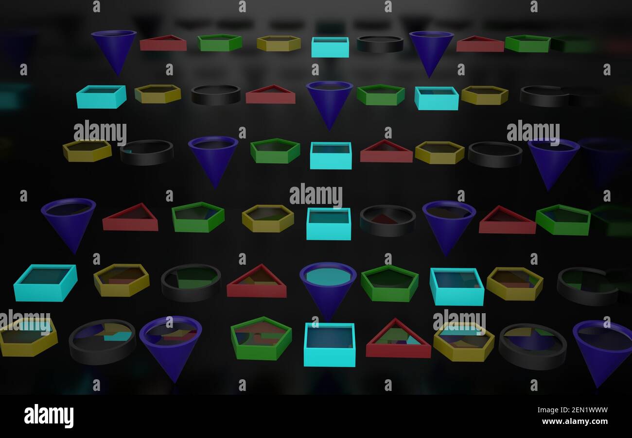 3d rendering of hollow, different colored 3D shapes with a reflective ...