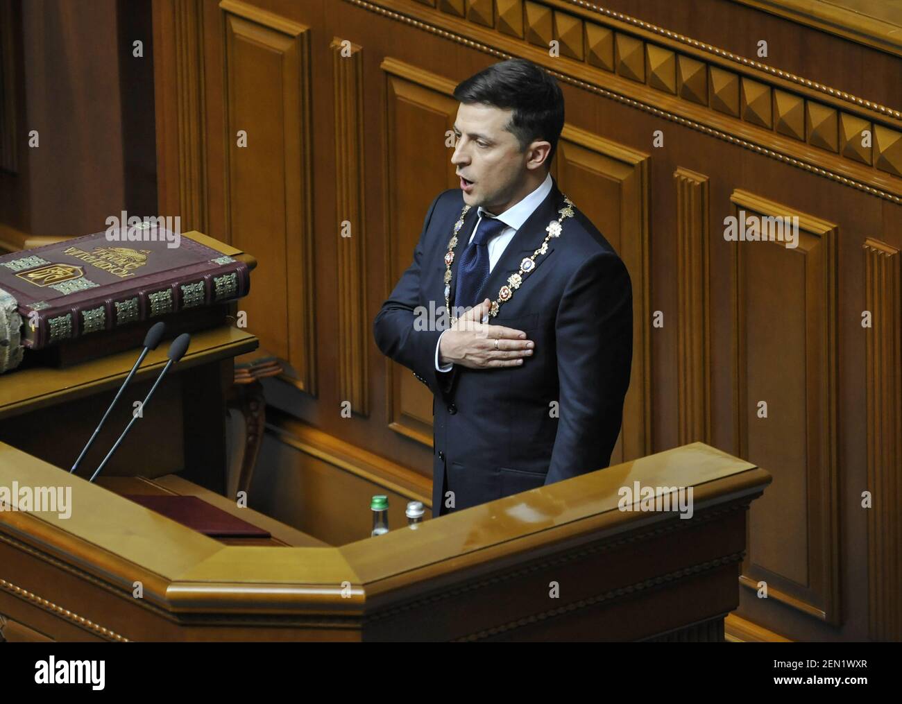 New Ukrainian president Volodymyr Zelensky seen singing the anthem of ...