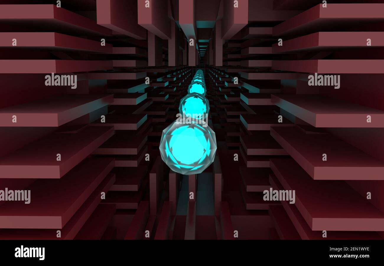 3d rendering of many see through crystals with a blue glowing objects ...