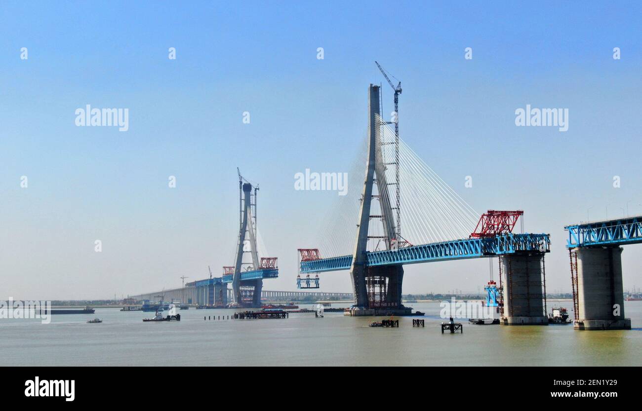 The No.28 main pier of the world's longest cable-stayed bridge, the ...