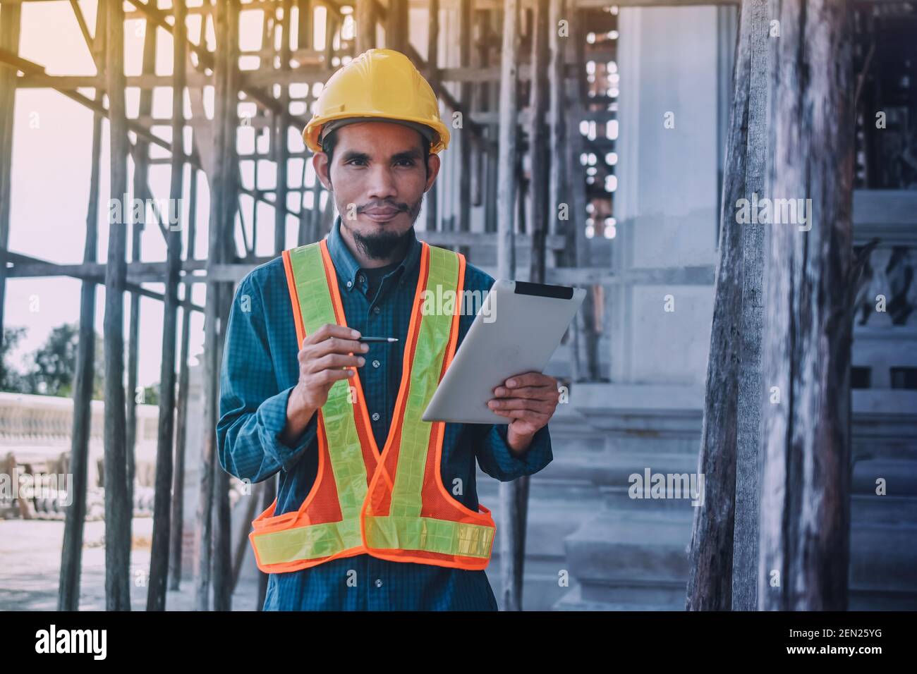 Engineer use tablet inspection building project real estate ...