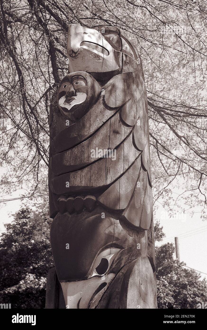 Totem pole with trees and branches in the background Stock Photo - Alamy