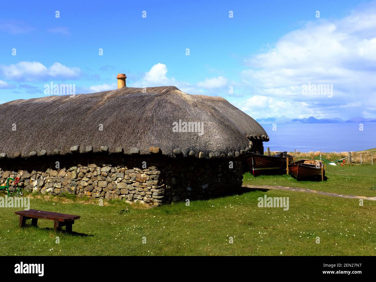 Isle of Skye, old houses and boats at Colbost Folk Museum, Dunvegan ...