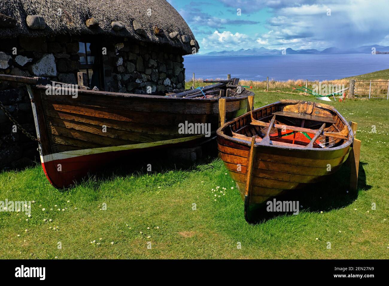 Isle of Skye, old houses and boats at Colbost Folk Museum, Dunvegan ...