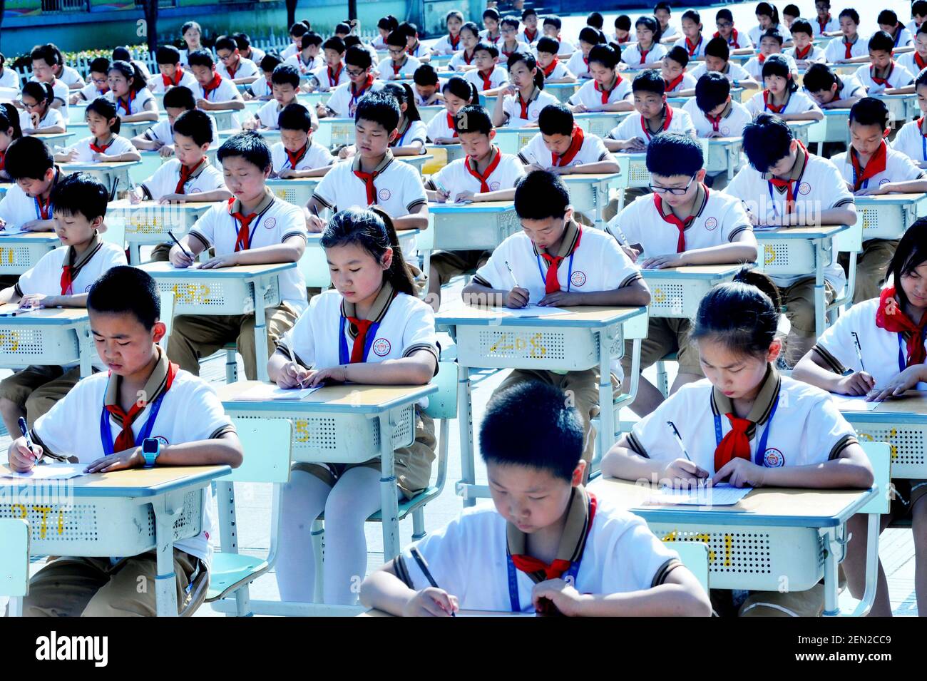Chinese primary school students sit in rows as they practice ...