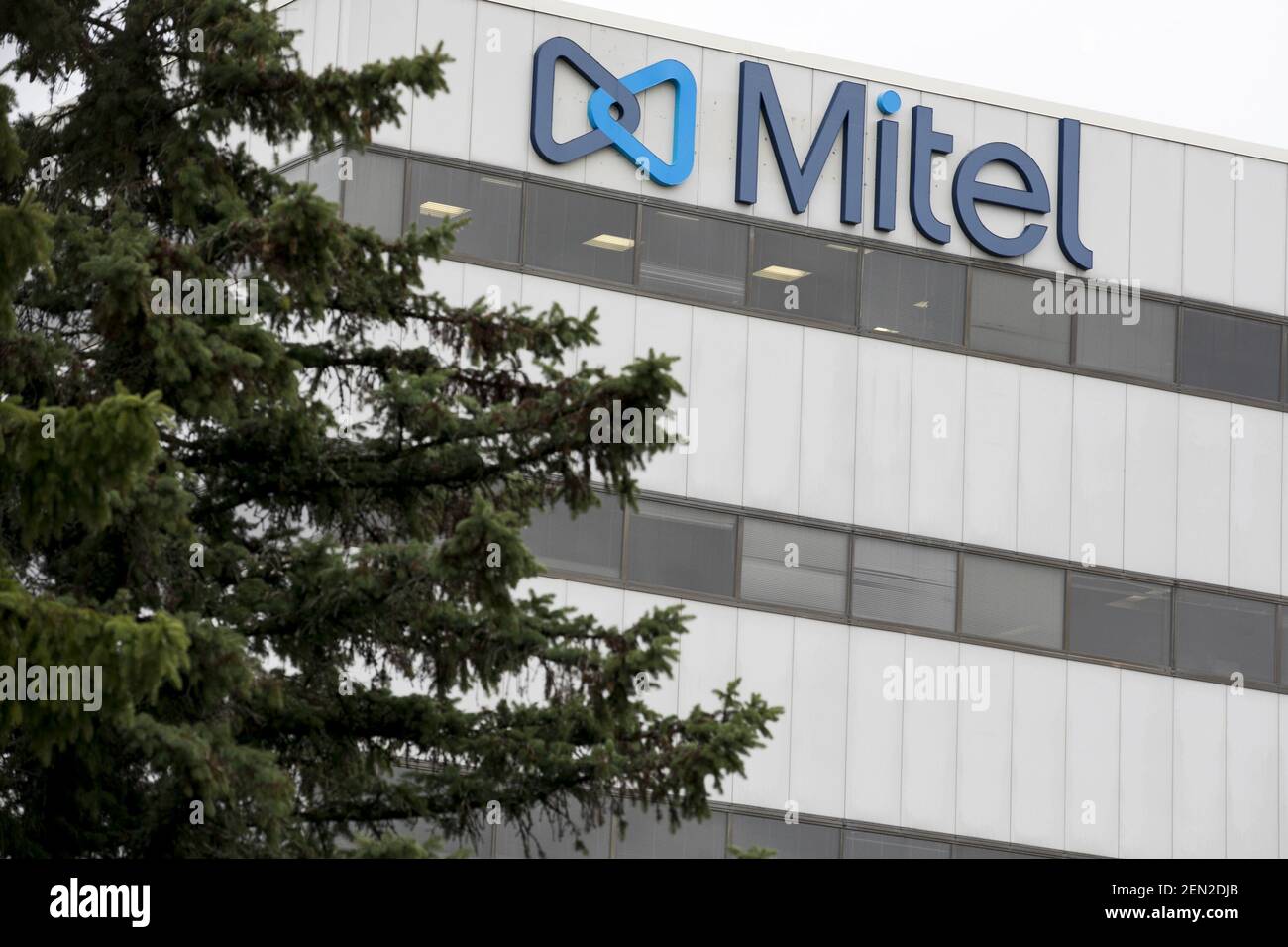 A logo sign outside of the headquarters of the Mitel Networks ...
