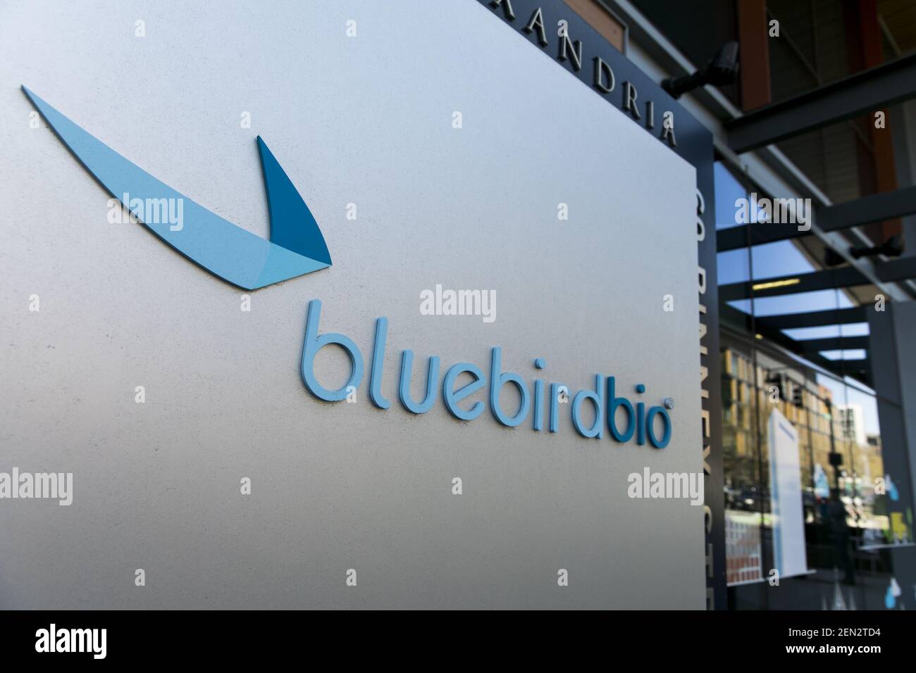 A logo sign outside of the headquarters of bluebird bio in Cambridge ...