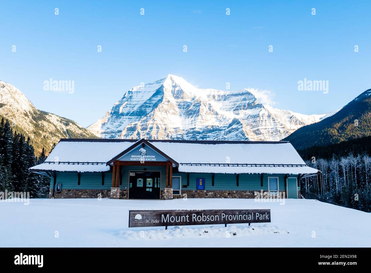 Front view of Mount Robson Visitor Centre with Mount Robson in the ...
