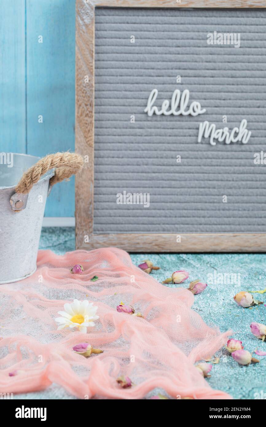 Hello march poster with pink scarf and flower blossoms around Stock ...