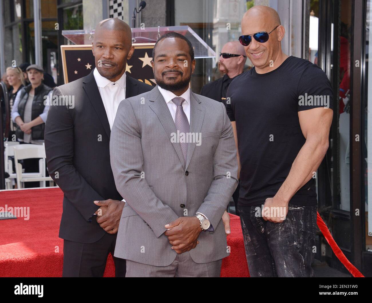 (L-R) Guest Speakers, Jamie Foxx and Vin Diesel a the F. Gary Gray Star ...