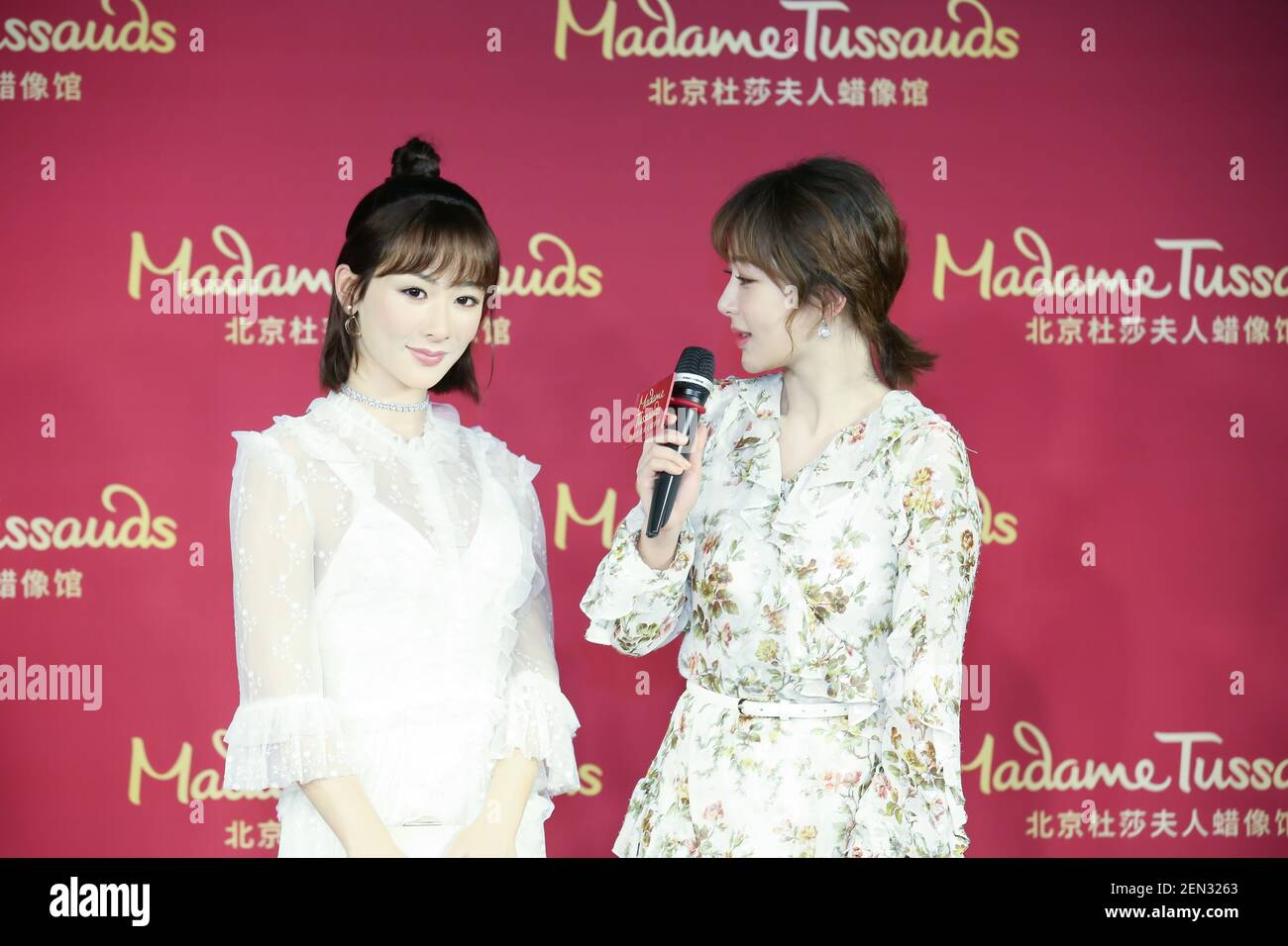 Chinese actress Andy Yang or Yang Zi looks at the wax figure of her ...