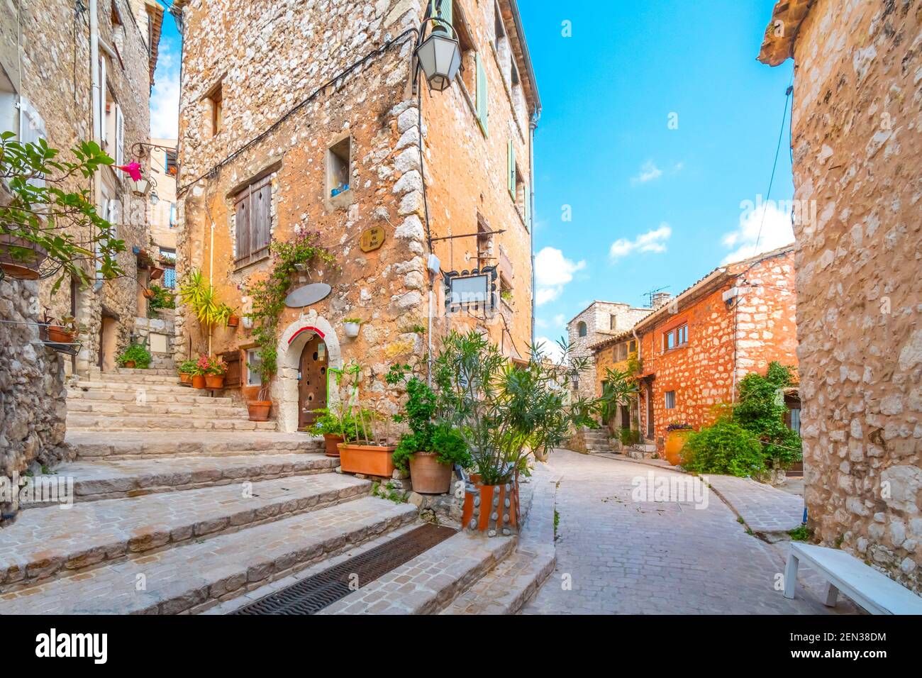 A picturesque back street in the medieval village of Tourrettes Sur ...
