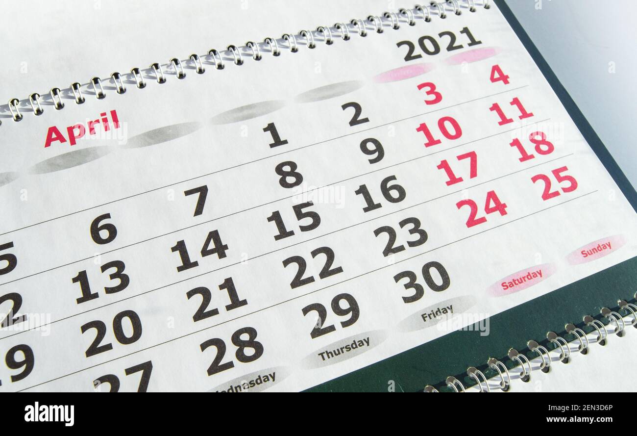 April 2021 paper calendar planner with spiral, close-up Stock Photo - Alamy