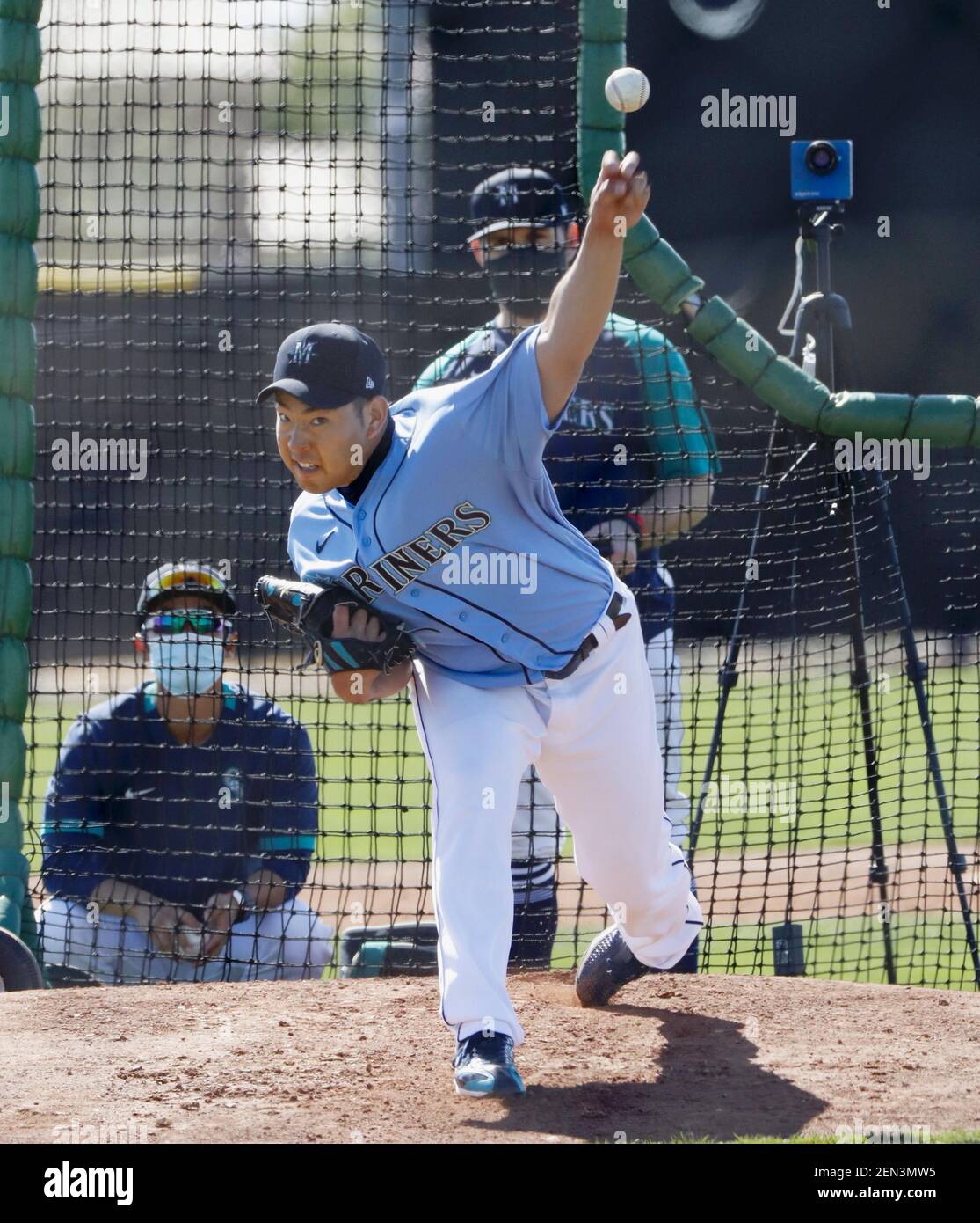 Peoria, Arizona, USA. Feb 25 2021: Seattle Mariners pitcher Yusei Kikuchi throws live batting ...