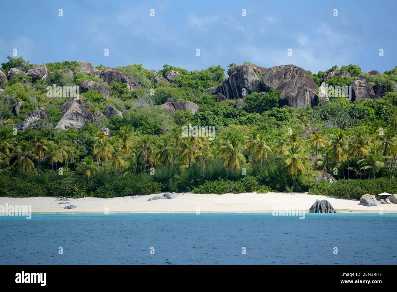 Palm trees and boulders in Valley Trunk Bay, Virgin Gorda, British ...