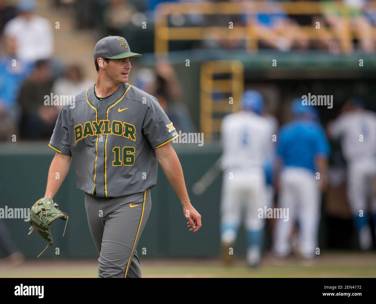 June 02, 2019 Los Angeles, CA..Baylor pitcher (16) Tyler Thomas exists ...