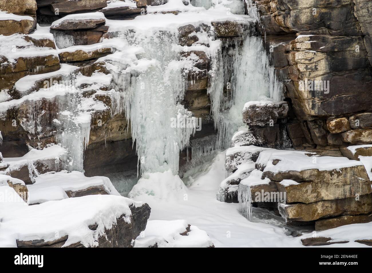 Beautiful view of the frozen Athabasca Falls in winter, Canada Stock ...