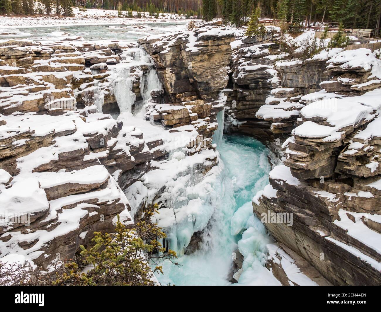 Beautiful view of the frozen Athabasca Falls in winter, Canada Stock ...