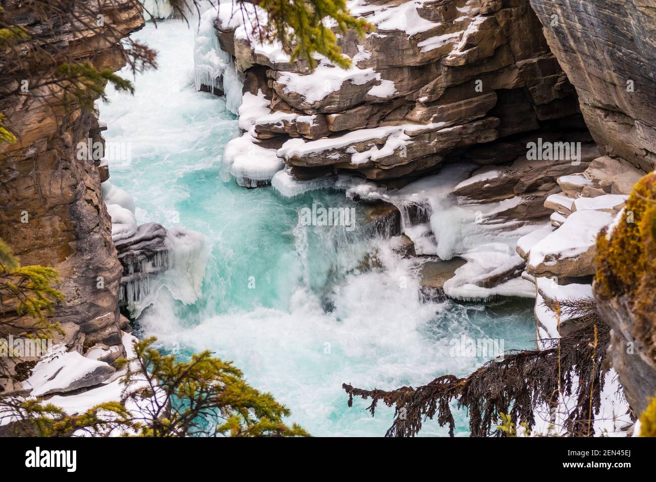 Beautiful view of the frozen Athabasca Falls in winter, Canada Stock ...