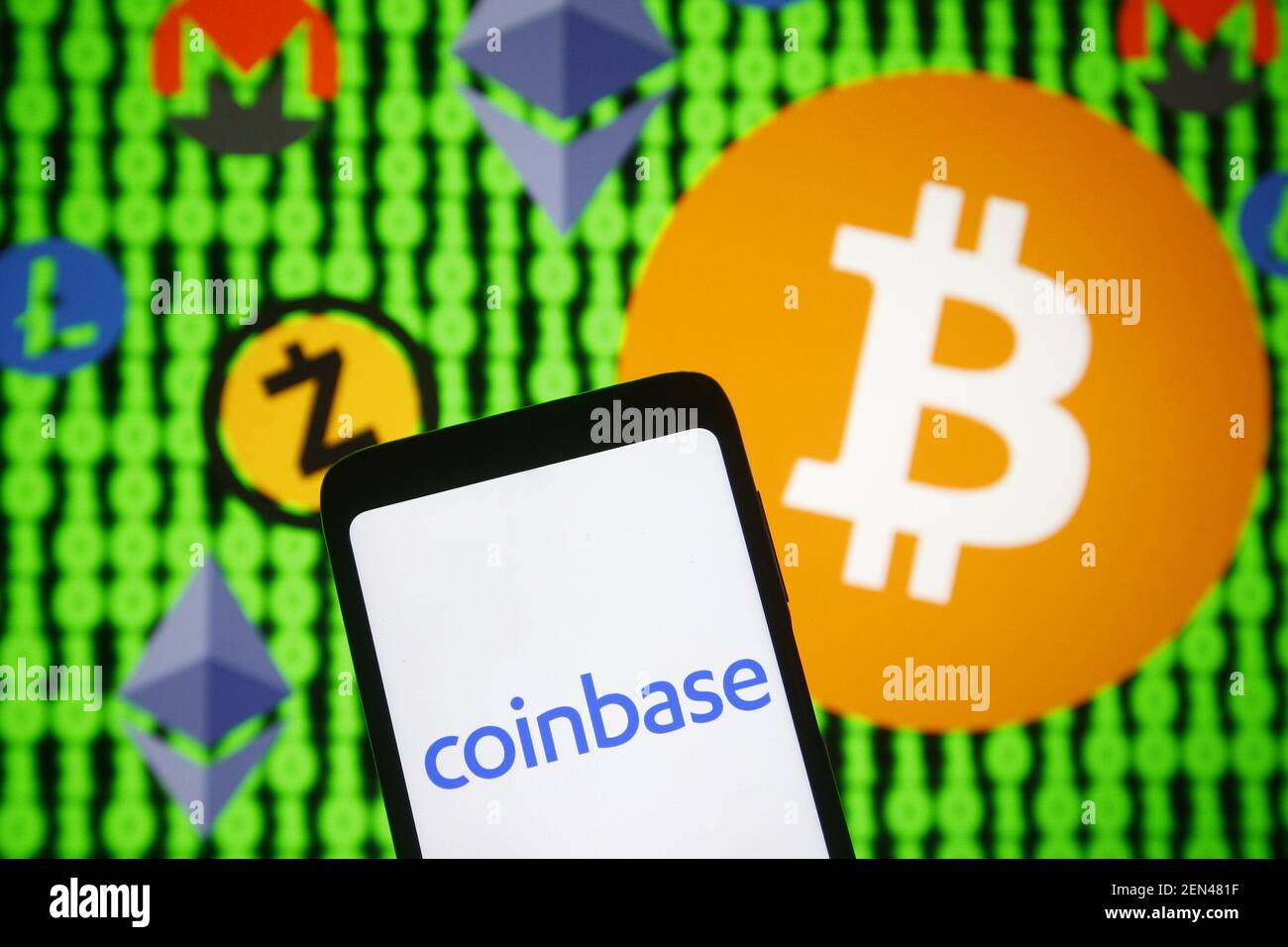 In this photo illustration a Coinbase logo is seen on a smartphone ...