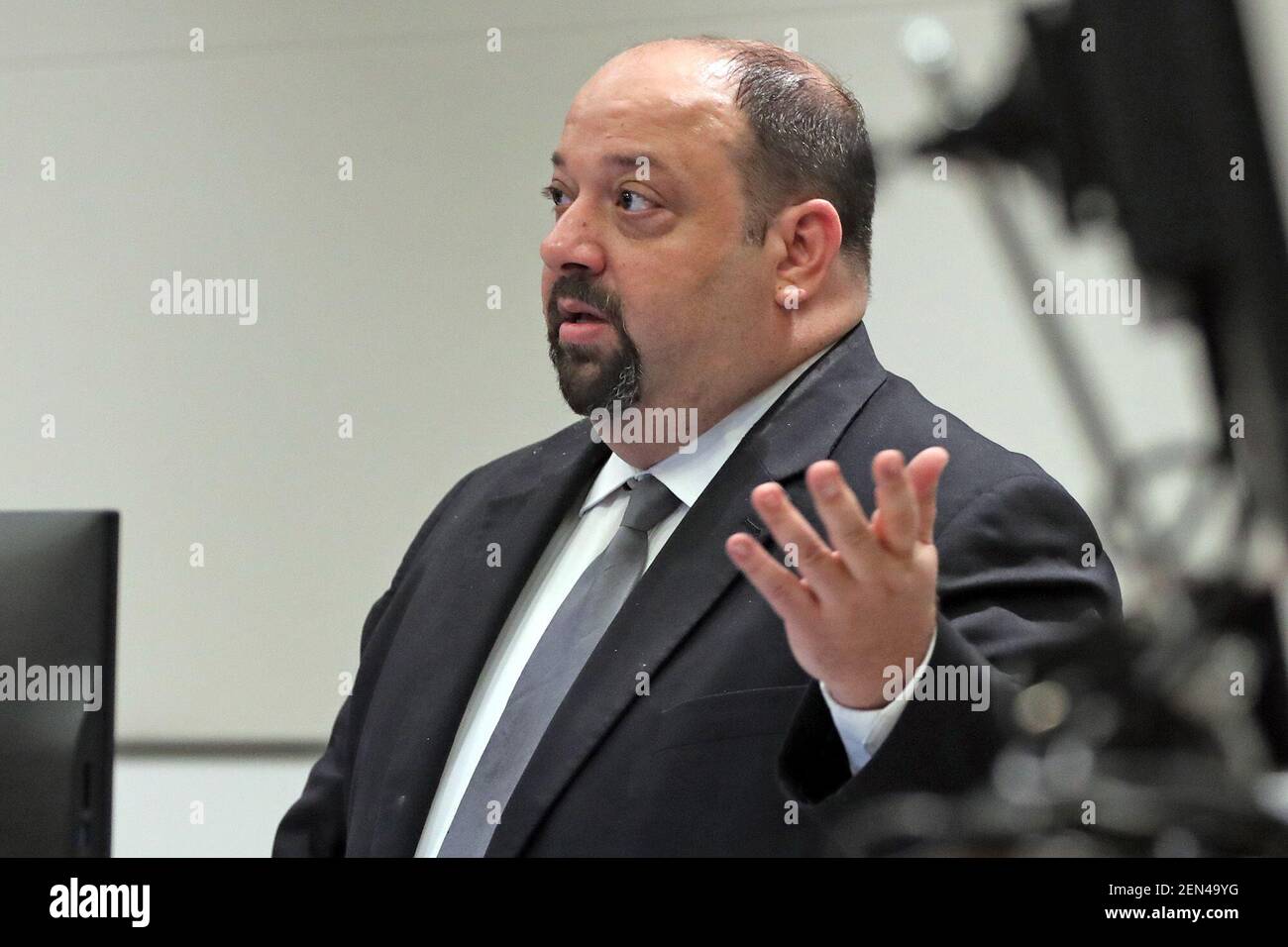 Prosecutor Eric Linder speaks during a first appearance hearing for ...