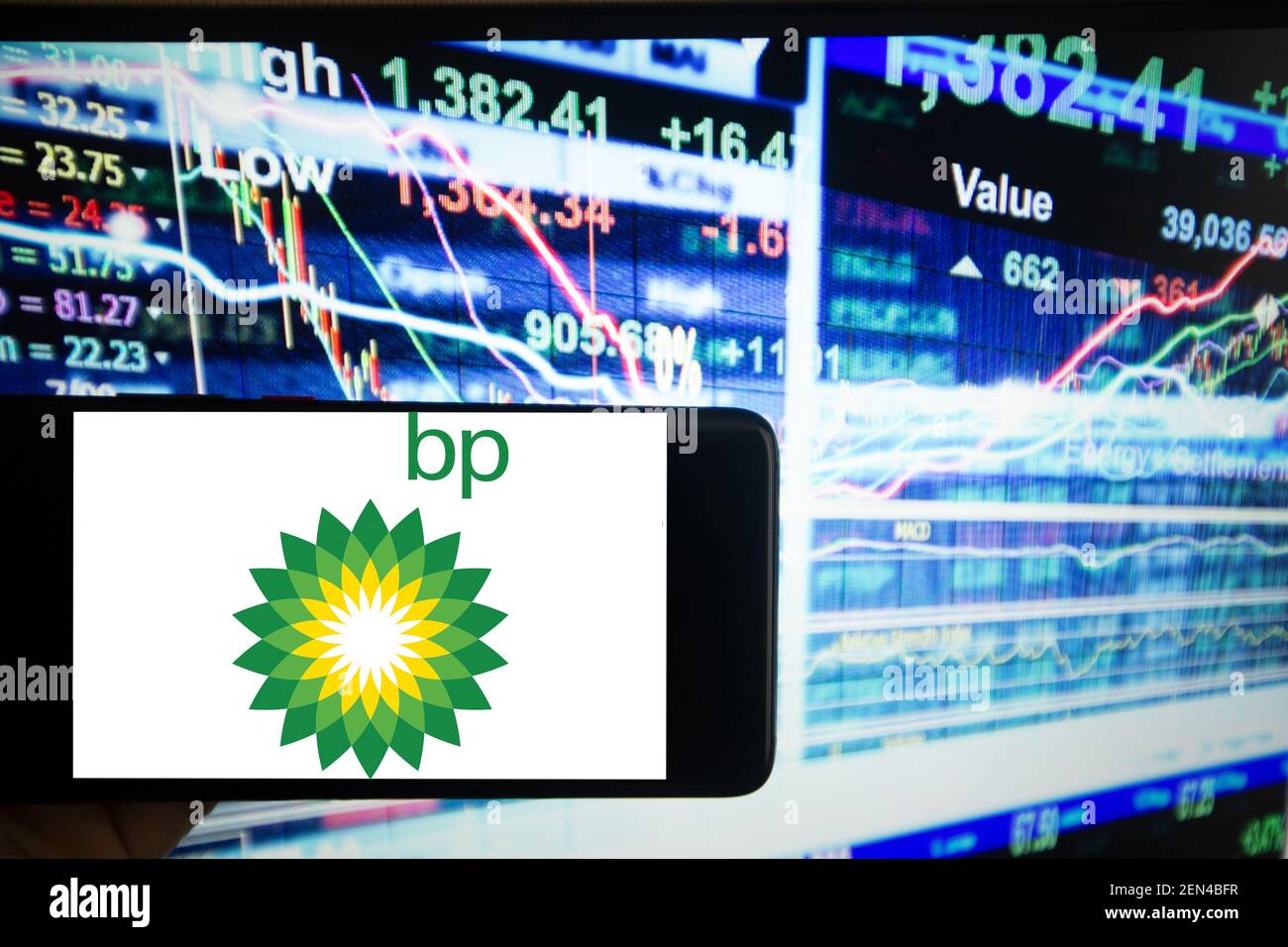 In this photo ullustration the logo of BP ( British Petroleum ) is seen ...