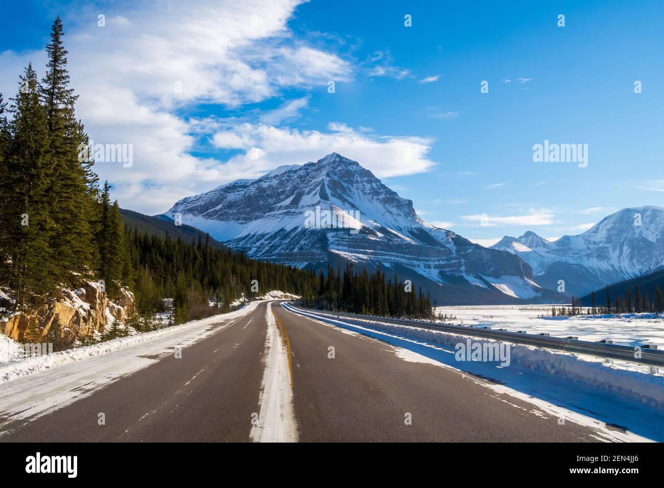 Beautiful view of the frozen Athabasca Falls in winter, Canada Stock ...