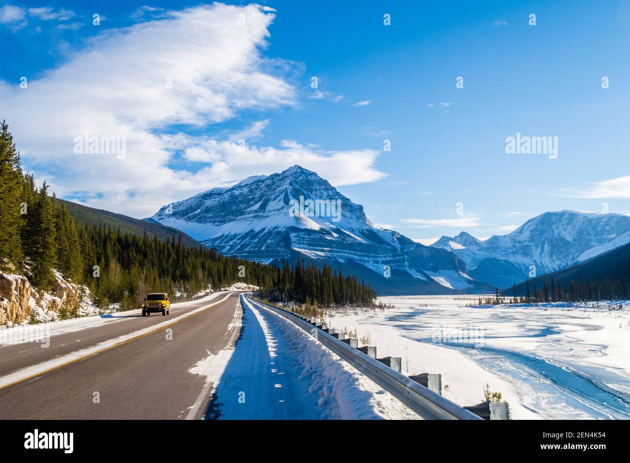 Scenic winter view of the Icefields parkway (Highway 93) in Alberta ...