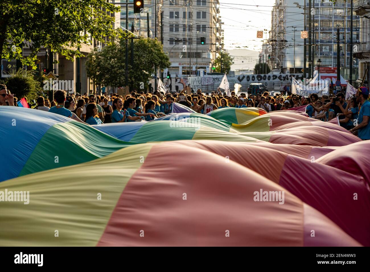 Huge rainbow flag seen during the Athens Pride March. (Photo by Lexie ...