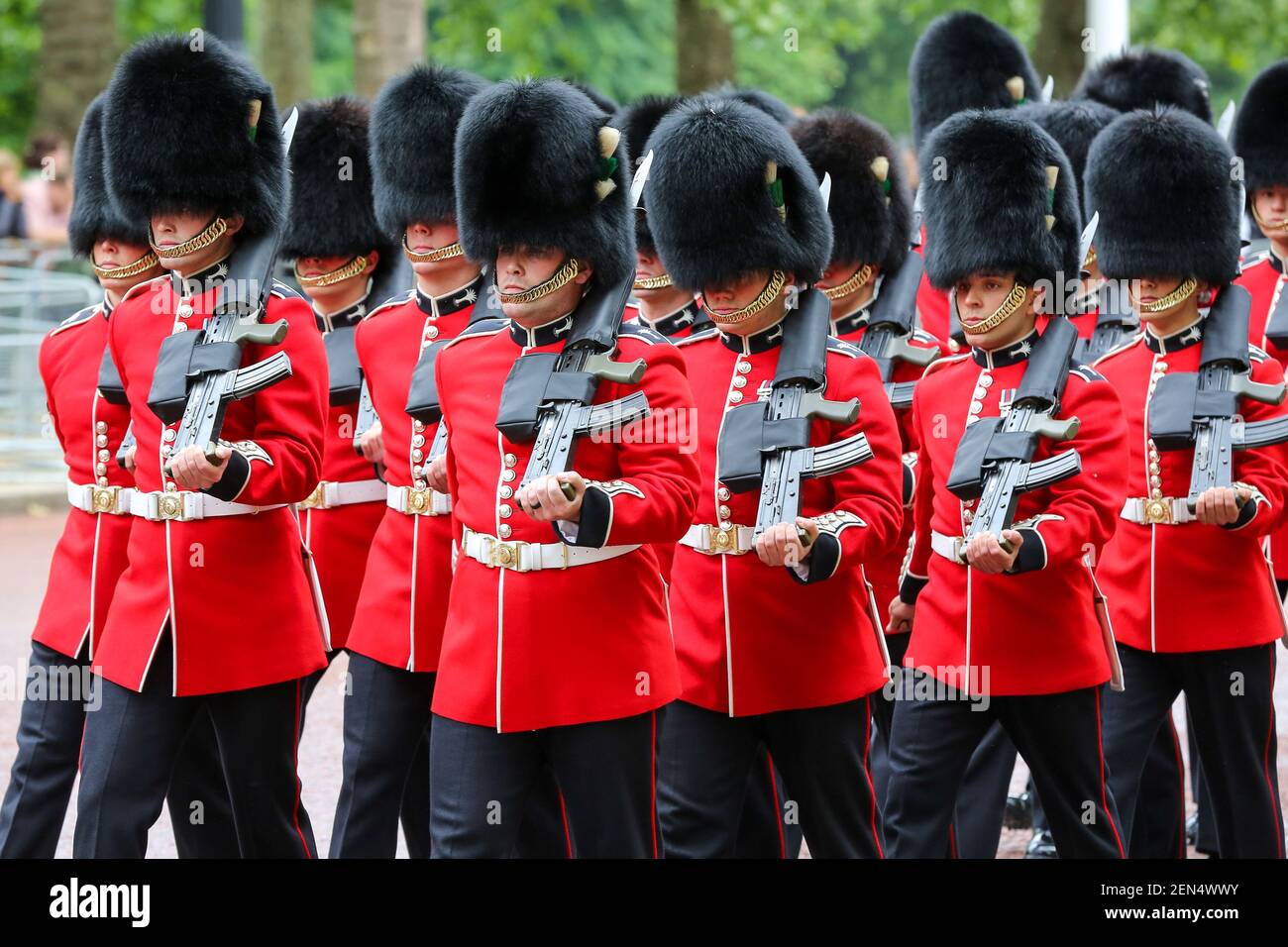 Cold-stream Guards march to the Horse Guards Parade during the Trooping ...
