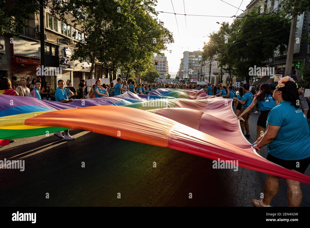 Huge rainbow flag seen during the Athens Pride March. (Photo by Lexie ...